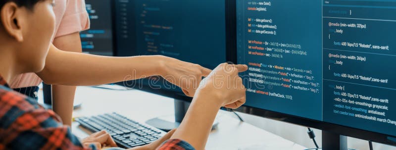 Professional Programer Looking Computer Desktop with Coding Program. AIG42. Stock Image - Image ...