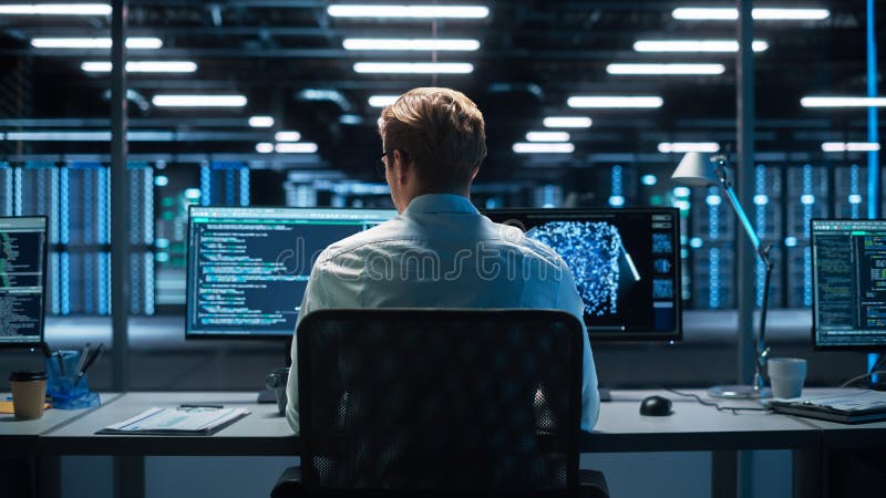 Professional it Programer Working in Data Center on Desktop Computer with Two Displays, Doing ...