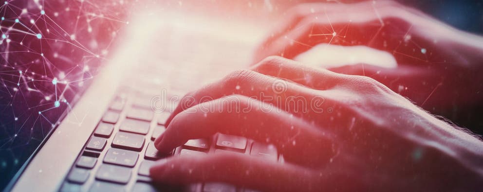 Programmer is Typing Code on a Laptop Keyboard with a Futuristic ...