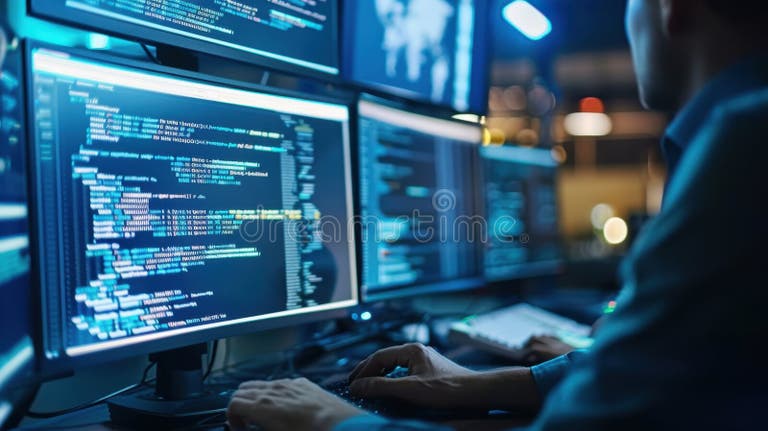 Professional Programmer Engaged in Code Development at Night Stock Illustration - Illustration ...