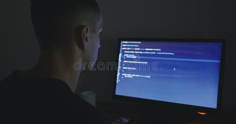 It Professional Hacker Programmer is Working on Computer in Cyber Security Center at Night Stock ...