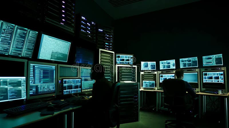 Professional Programmers Collaborating Inside Dimly Lit Server Room, Analyzing Complex Code ...