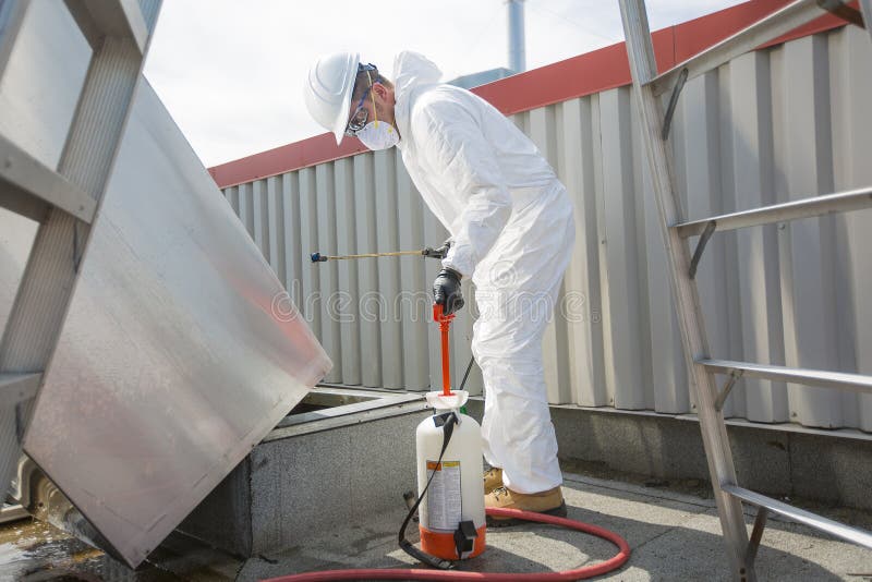 Professional in Protective Uniform, Mask, Gloves in the Roof for ...
