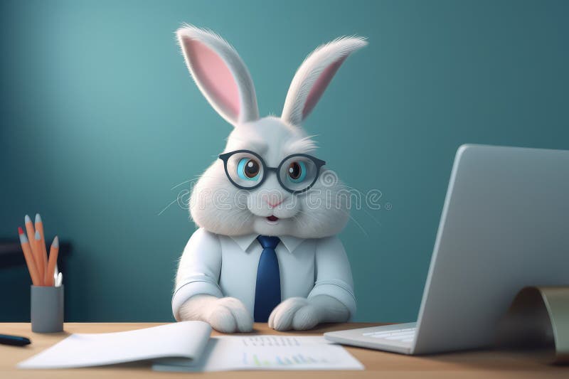 Professional Rabbit Wearing Glasses Working at the Office Table with ...
