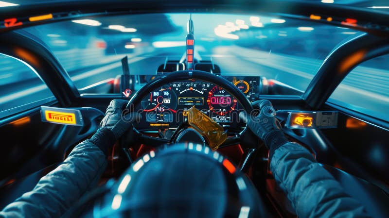 Racing Car Driver Driving Surrounded with Panel with Blurring ...