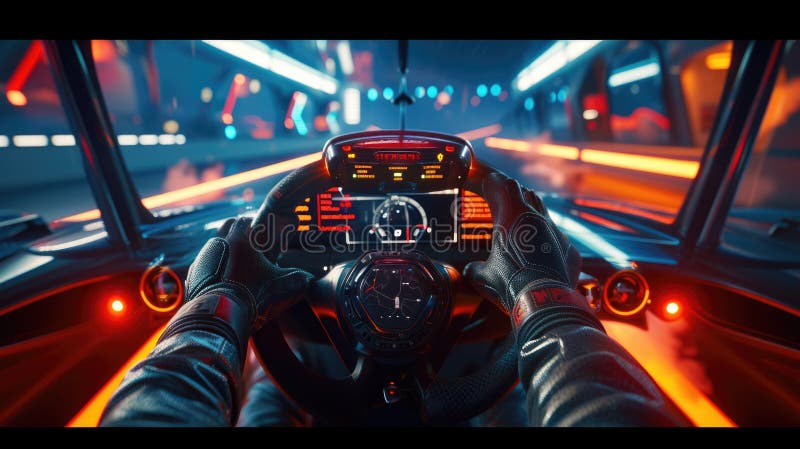 Racing Car Driver Driving Surrounded with Panel with Blurring ...