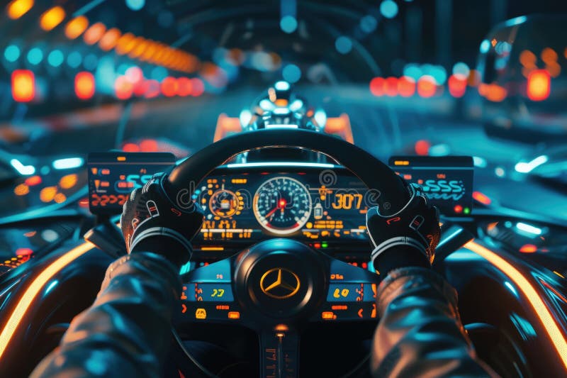 Racing Car Driver Driving Surrounded with Panel with Blurring ...