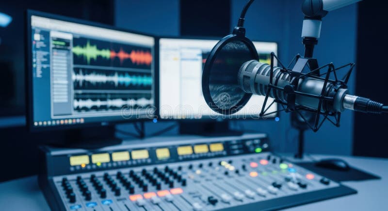 Professional Radio Studio with Microphone, Mixing Console, and Computer ...