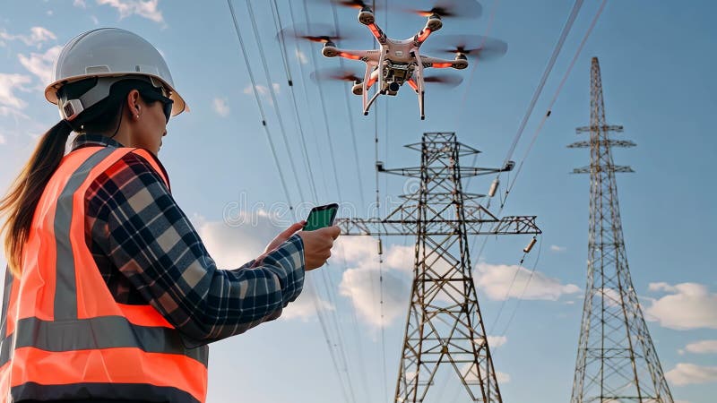 A Professional in Reflective Gear Controls a Drone As it Surveys Power ...
