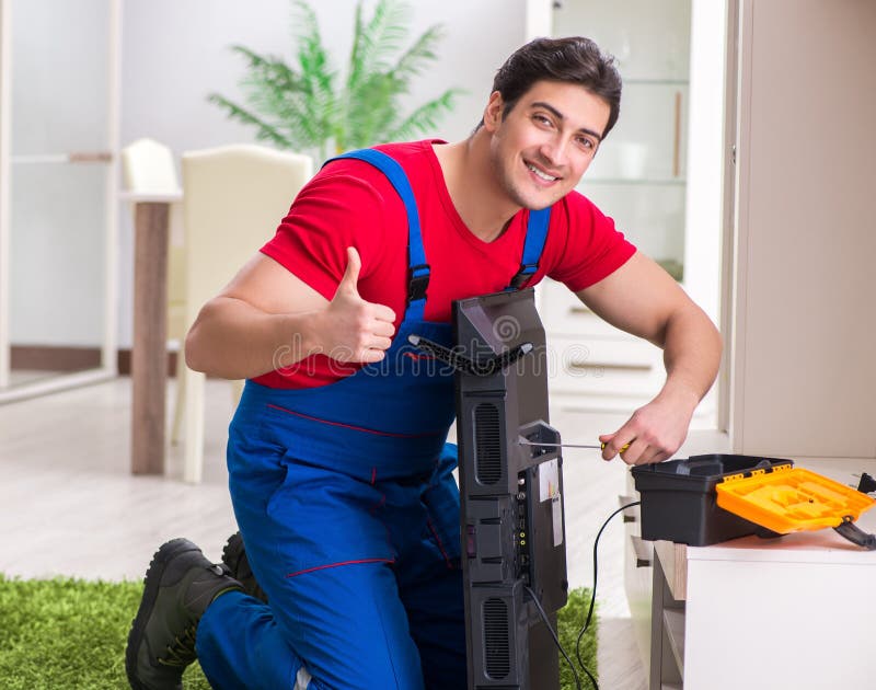 Professional Repair Engineer Repairing Broken Tv Stock Image - Image of ...