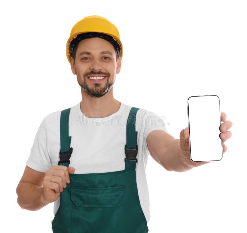 Professional Repairman in Uniform with Phone on White Background Stock ...