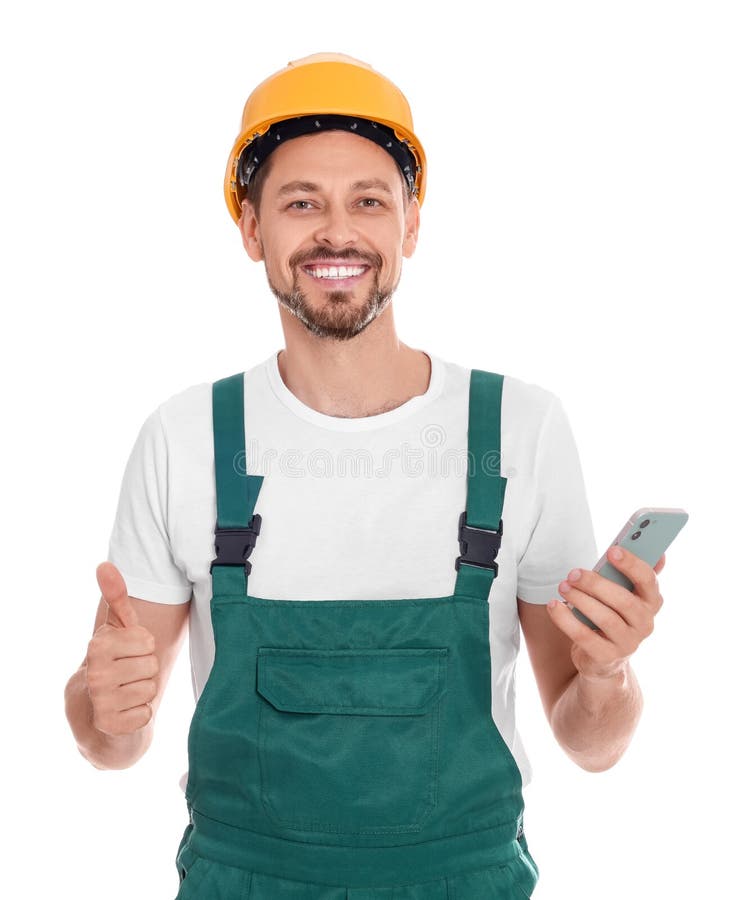 Professional Repairman in Uniform with Phone on White Background Stock ...