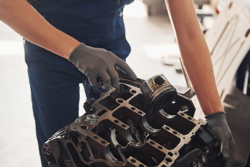 Professional Repairman Works with Broken Automobile Engine Stock Photo ...
