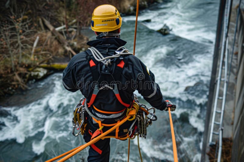 Technical Rescue Operation from a Bridge Over a Turbulent River Stock ...