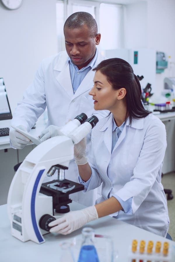 Professional Researcher Discussing Work with Her Colleague Stock Image ...