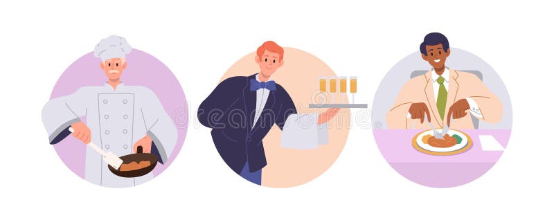 Professional Restaurant Chef, Waiter and Client at Table Round Frame ...