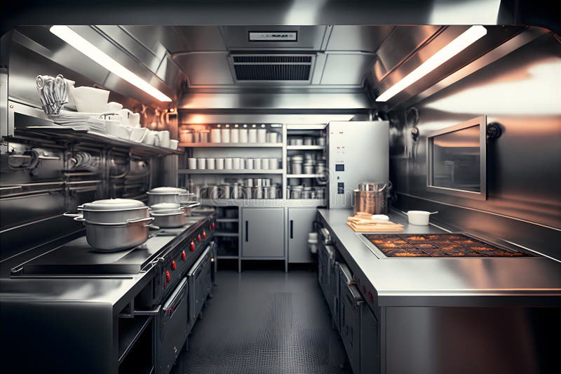Professional Restaurant Kitchen Interior with Cooking Supply and ...