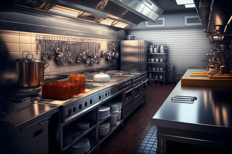Professional Restaurant Kitchen Interior with Cooking Supply and ...