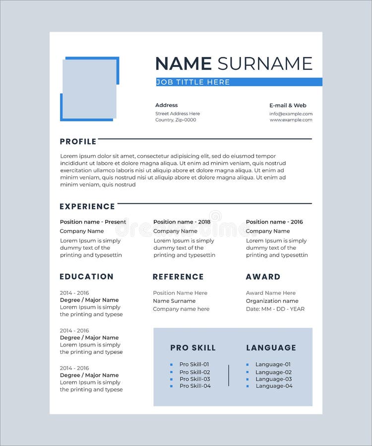 Professional Resume Template with Blue Background. Vector Illustration ...