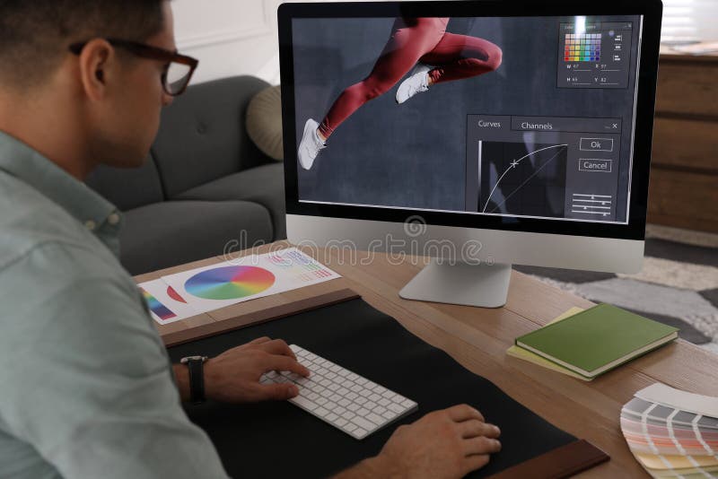 Professional Retoucher Working with Computer, Focus on Monitor Stock ...