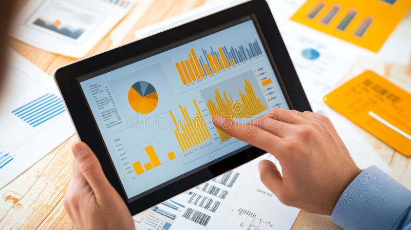 Professional Review of Detailed Data Analytics on a Tablet, Featuring Colorful Graphs and Charts ...