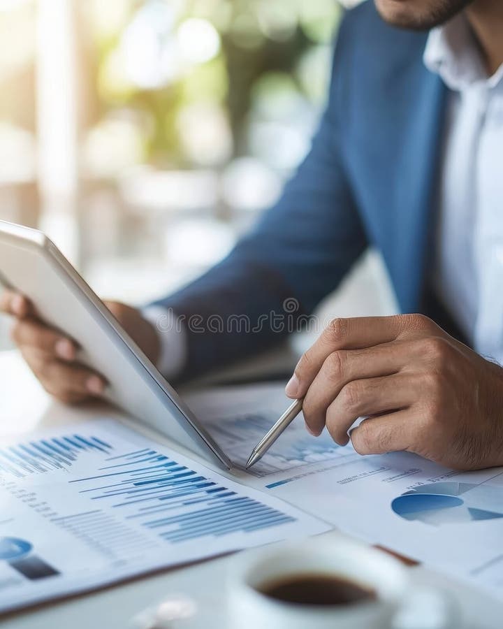 A Professional Reviewing Data on a Tablet while Analyzing Reports at a ...