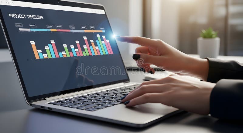 Professional Reviewing Project Timeline Chart on Laptop Screen, Data ...