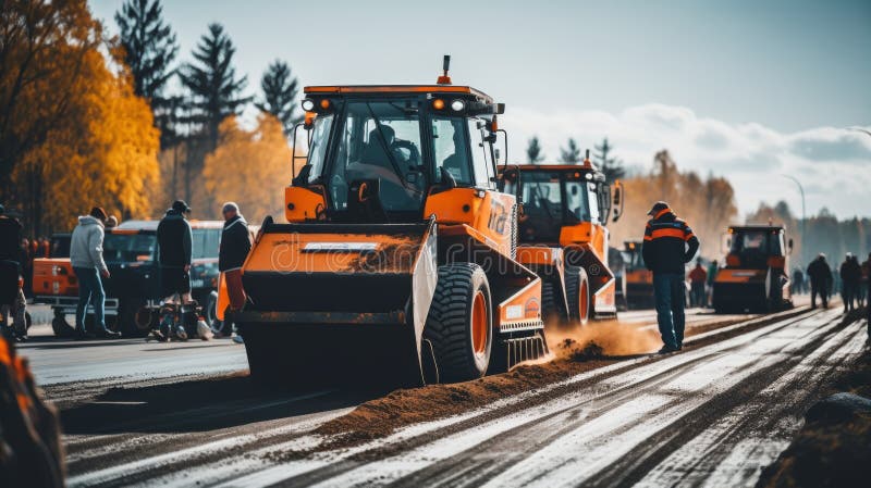 Professional Road Construction Workers Laying Asphalt Gravel on a ...