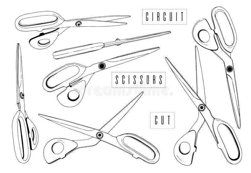 Professional Scissors Cutting Tailors Set Vector Line Drawing. Cut ...