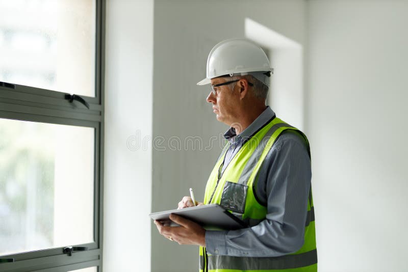 Professional Senior Engineer Builder Old Man Work Looking at Contract ...