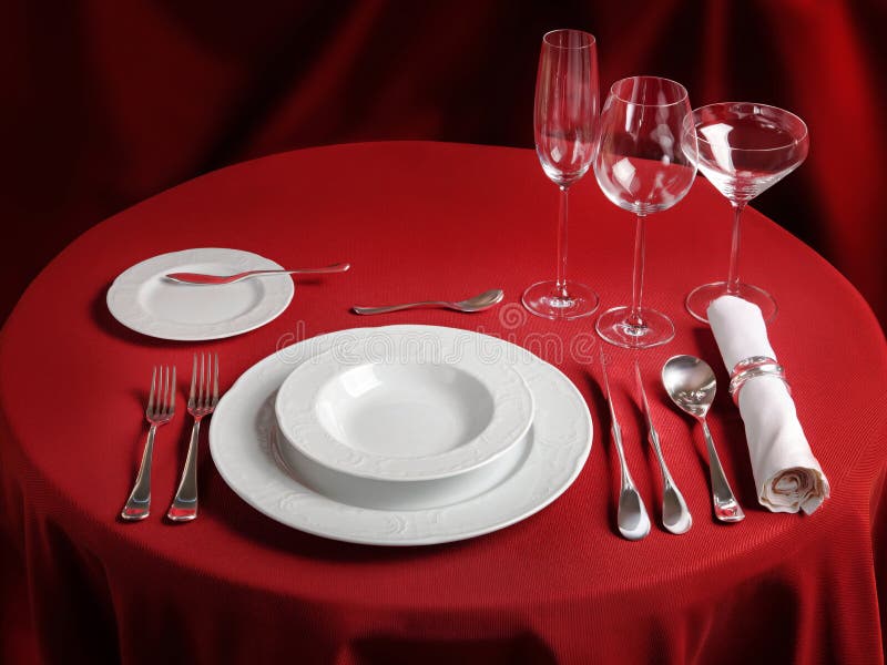 Professional Setting of Red Dinner Table Stock Image - Image of dining ...