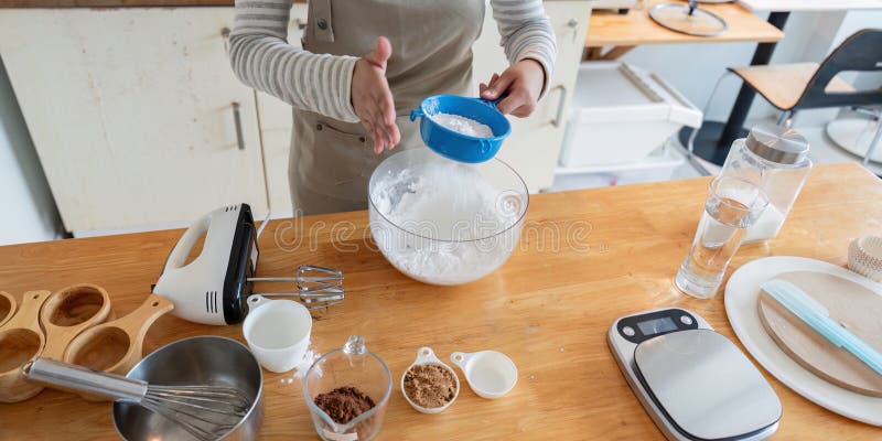 Professional Setup for Baking with Bowls and Kitchen Tools Stock Image ...