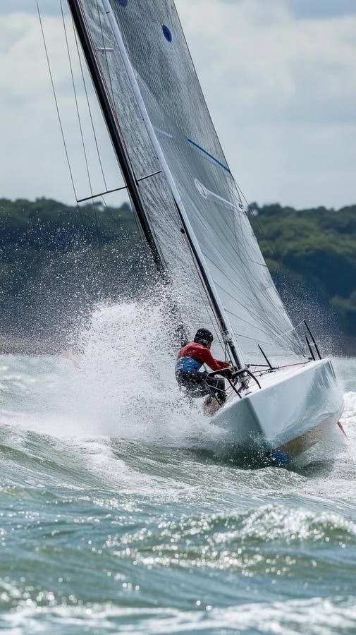 Professional Skipper Steering Sailboat through Waves during Regatta ...