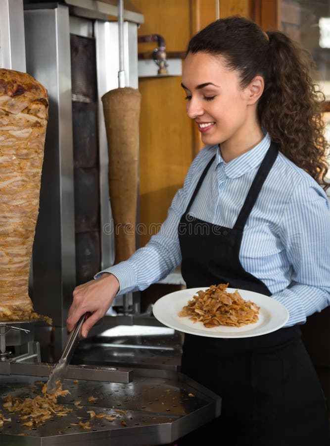 Professional Smiling Female Cook with Grilled Meat Stock Image - Image ...