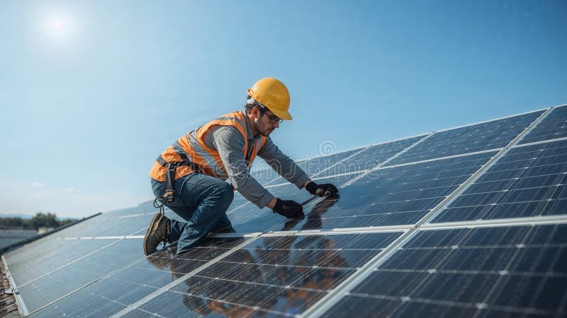 Professional Solar Panel Installer Working on a Rooftop Under Bright ...