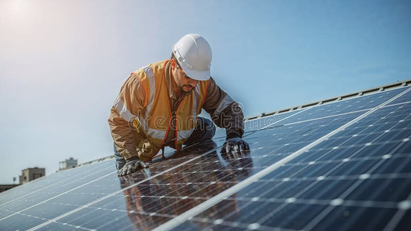 Professional Solar Panel Installer Working on a Rooftop Under Bright ...