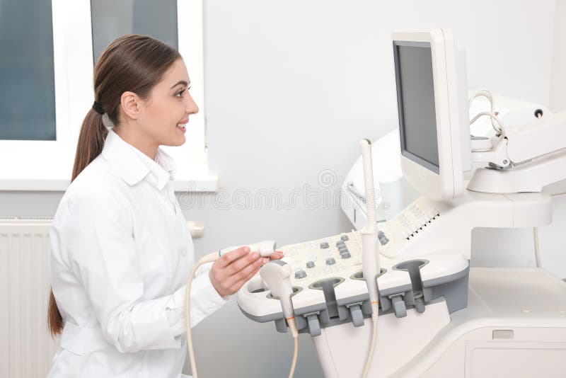 Professional Sonographer Using Modern Ultrasound Machine Stock Image ...