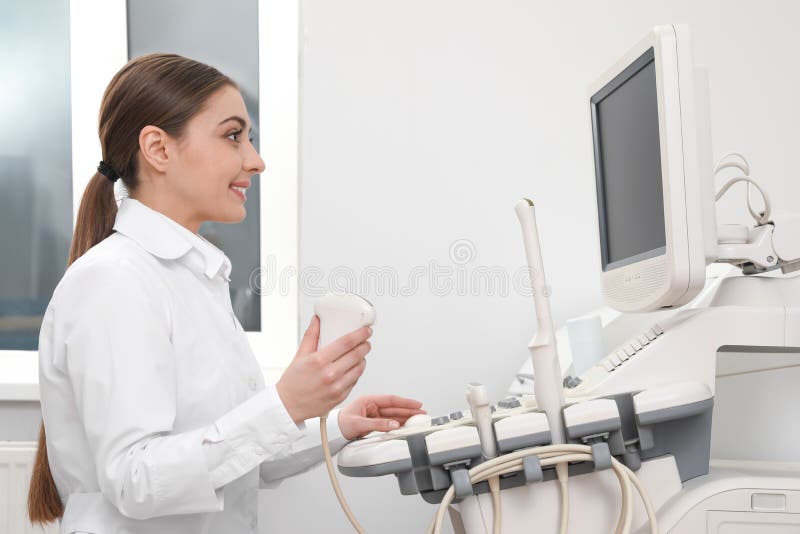 Professional Sonographer Using Modern Ultrasound Machine Stock Image ...