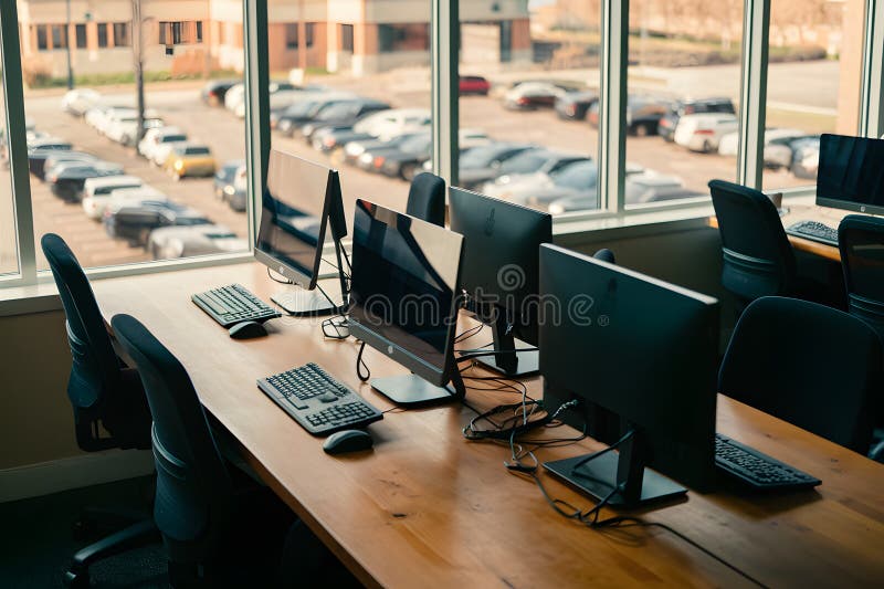 Professional, Spacious Office Setup with Three Monitors, Keyboards, Mice, and Large Windows ...
