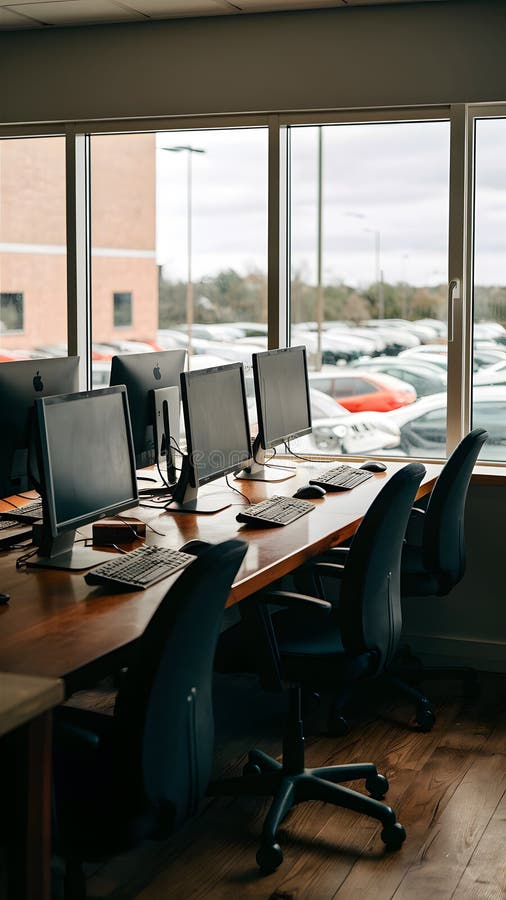 Professional, Spacious Office Setup with Three Monitors, Keyboards ...
