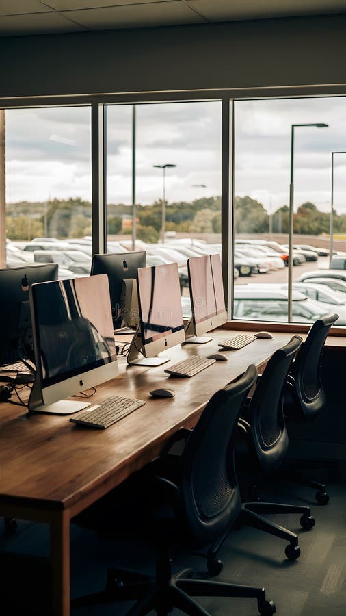 Professional, Spacious Office Setup with Three Monitors, Keyboards ...