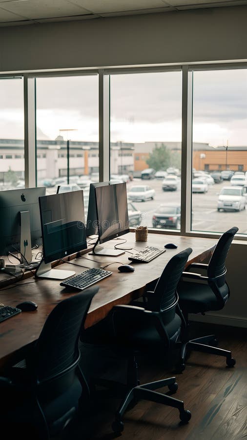 Professional, Spacious Office Setup with Three Monitors, Keyboards ...