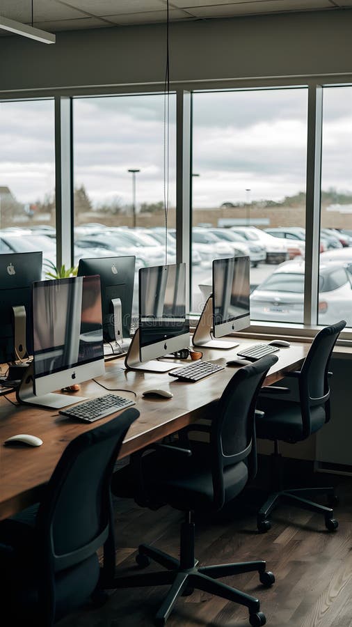 Professional, Spacious Office Setup with Three Monitors, Keyboards ...