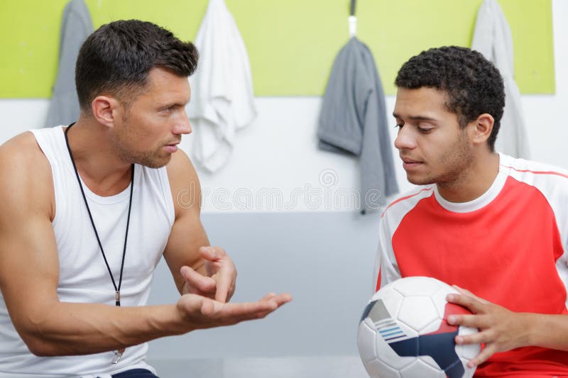Professional Sportsman and Coach in Locker Room Stock Photo - Image of ...