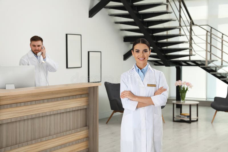 Professional Staff Working at Reception in Clinic. Banner Design Stock ...