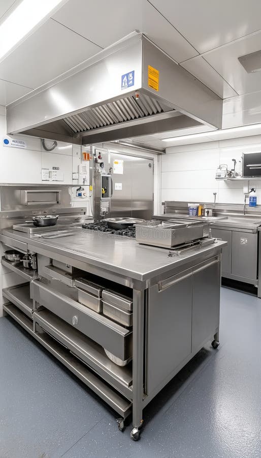 Professional Stainless Steel Kitchen with High-End Appliances and Work ...