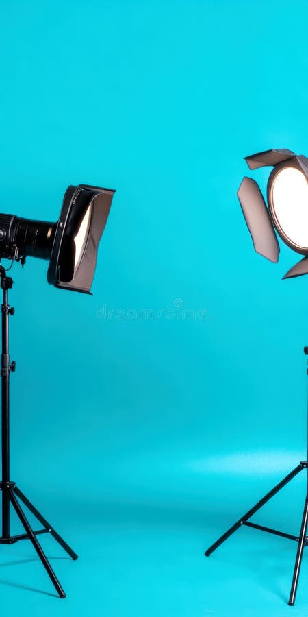 Professional Studio Lights on Turquoise Backdrop Creative Equipment ...