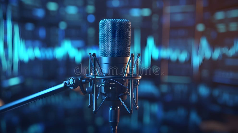 Professional Studio Microphone Against an Abstract Blue Background with ...