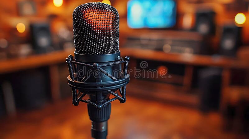 A Professional Studio Microphone in Close-up Against Blurred Lights ...