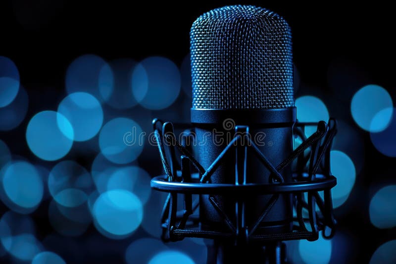 Professional Studio Microphone on Dark Blue Background with Audio ...